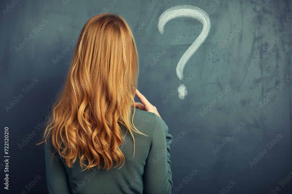 typische Frauenfragen, Frau mit Fragezeichen an der Tafel Stock Photo ...