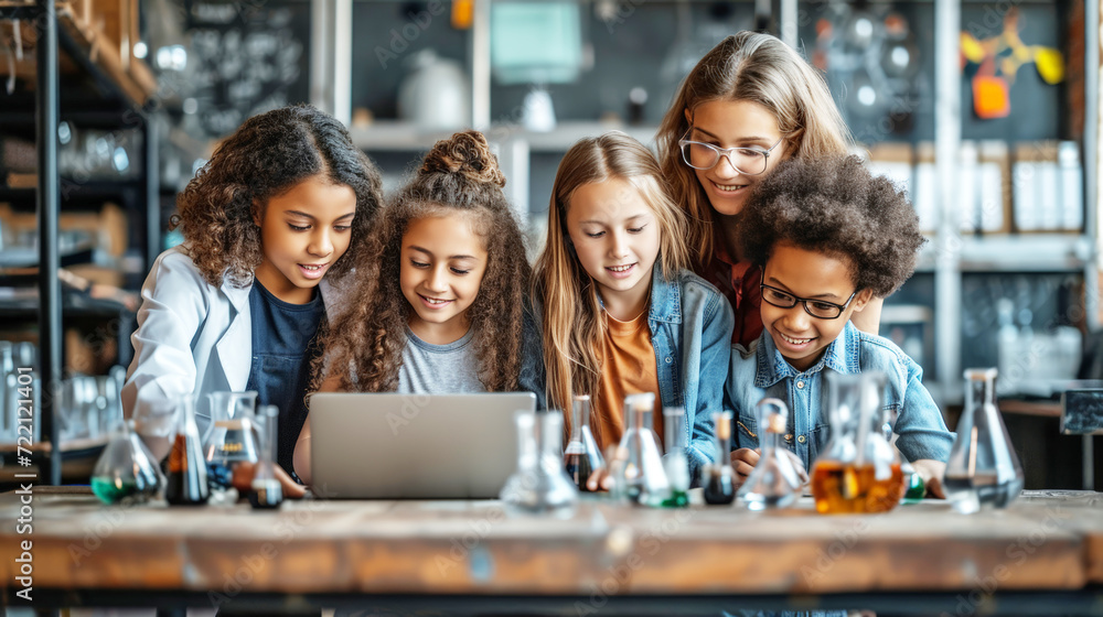 Group of multiethnic cheerful primary students looking camera studying ...