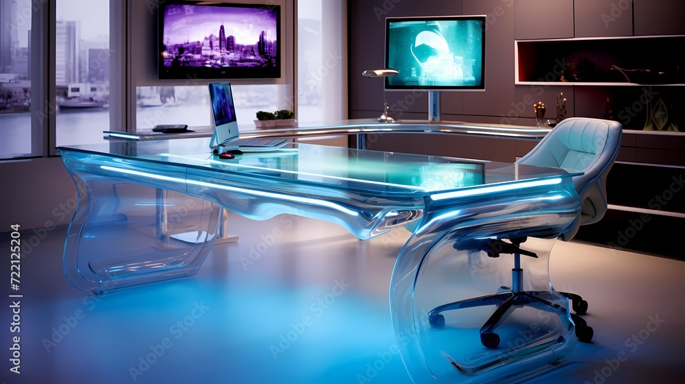 Ultra-modern home office with transparent smart desk, holographic ...