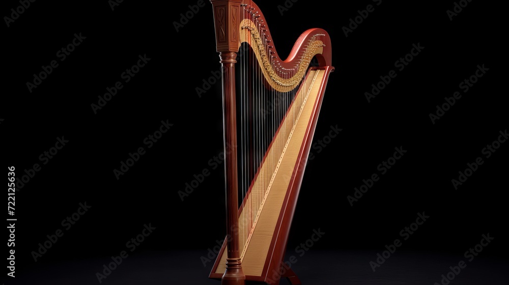 An elegant harp set against a dark background, illuminated to highlight ...