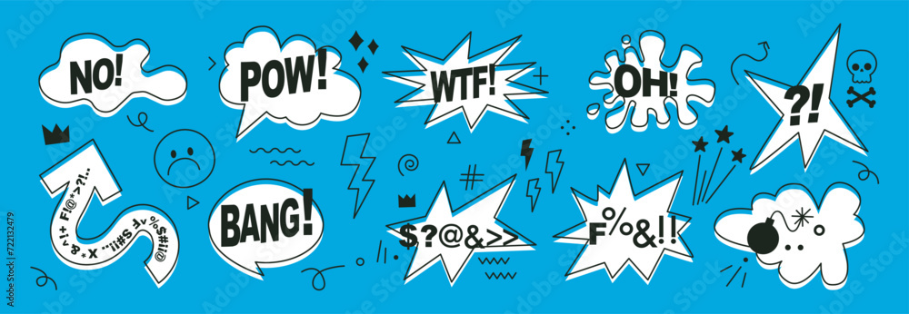Set of hand drawn comic speech bubbles with swear words. Abstract anime ...
