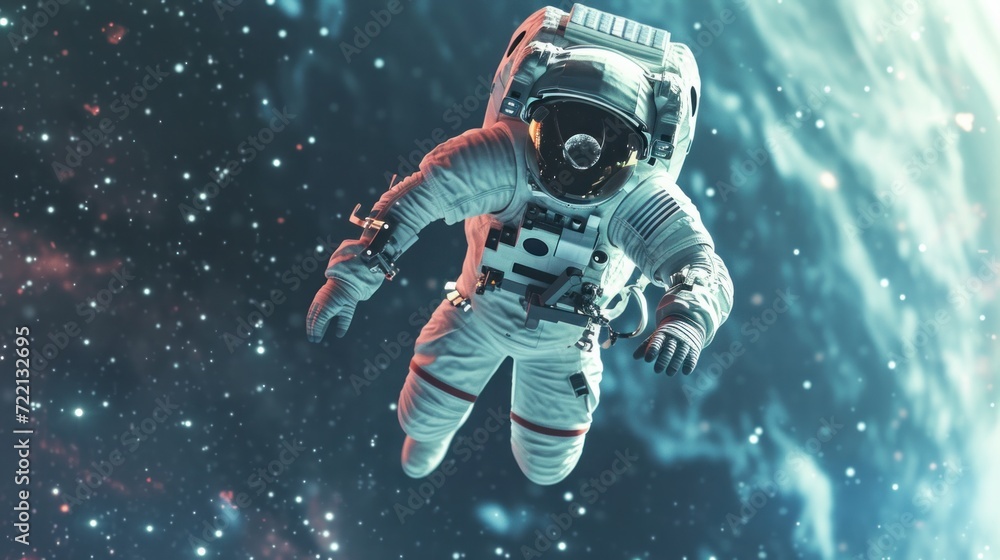 An astronaut jumps out of a spaceship into outer space. The animation ...
