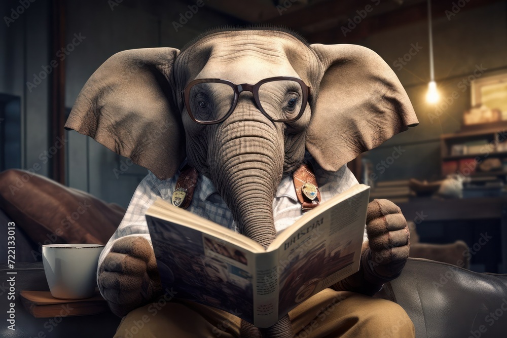 Cute smart cartoon elephant in glasses with a cup of tea reading book ...