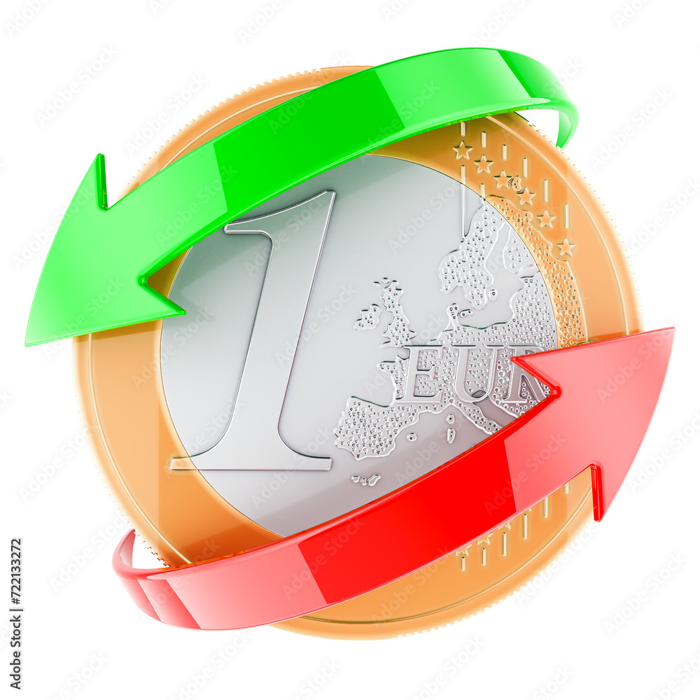 Transfer, exchange or conversion of euro, concept. Euro coin with red ...