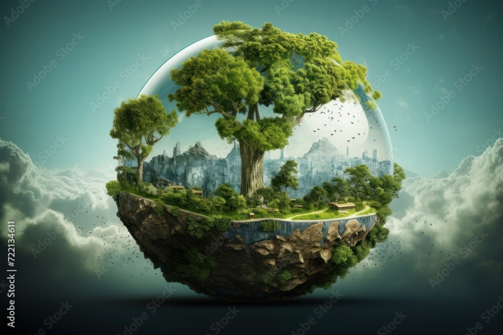 Abstract Glass Globe Green Planet in sphere with forest and ocean water ...
