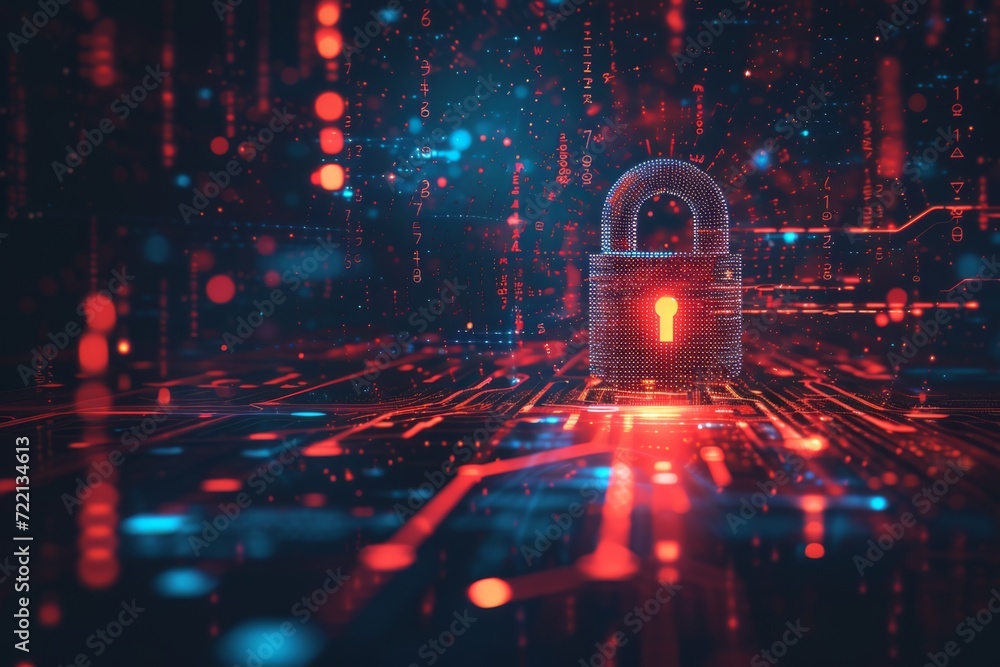 Cybersecurity firewall, chip, cyber protection, lock red, minimalist ...