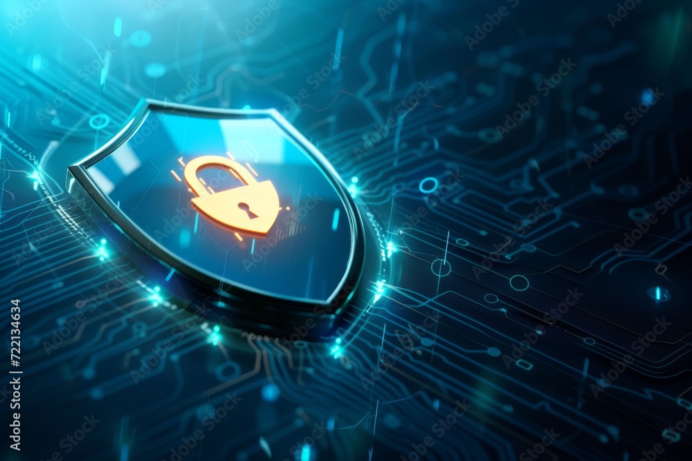 Cybersecurity firewall, chip, cyber protection, lock blue, minimalist ...