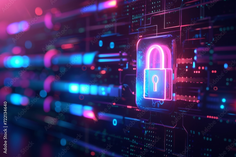 Cybersecurity firewall, chip, cyber protection, lock blue, minimalist ...