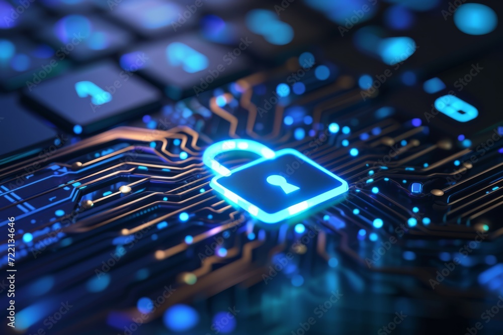 Cybersecurity firewall, chip, cyber protection against hacking, lock ...