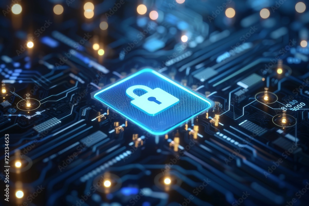 Cybersecurity firewall, chip, cyber protection, lock blue, minimalist ...