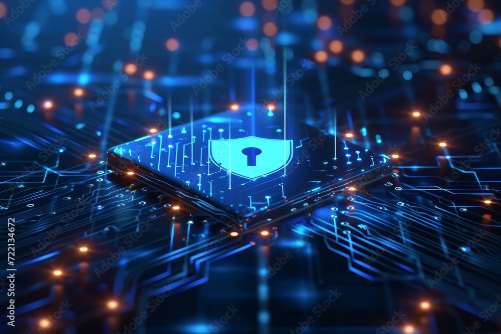 Cybersecurity firewall, chip, cyber protection, lock blue, minimalist ...