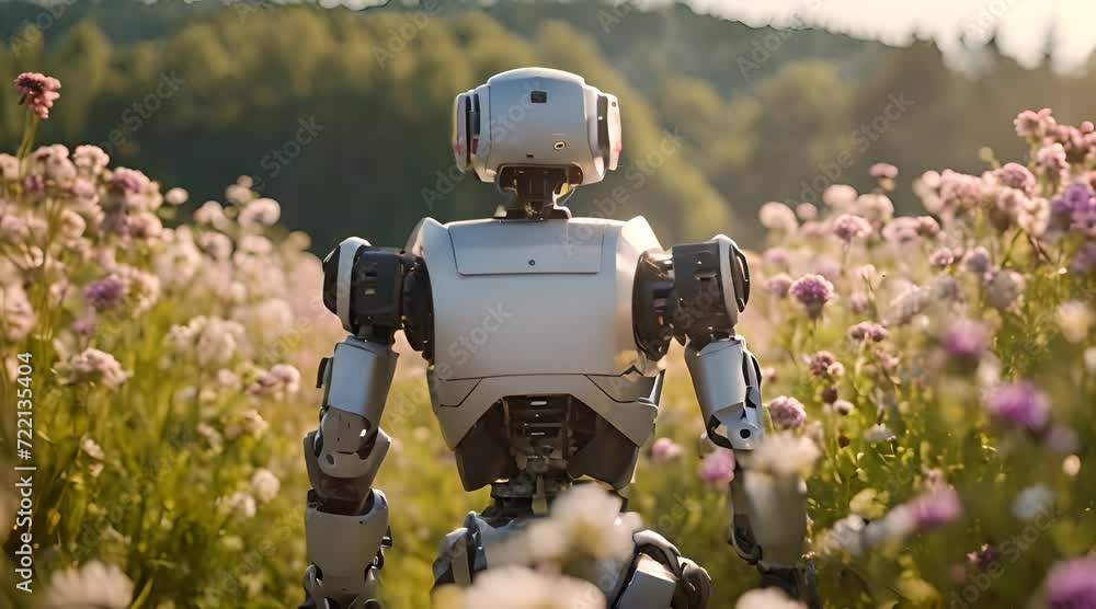 Robot cyborg standing with his back looks at beautiful flower fields landscape background. World ...