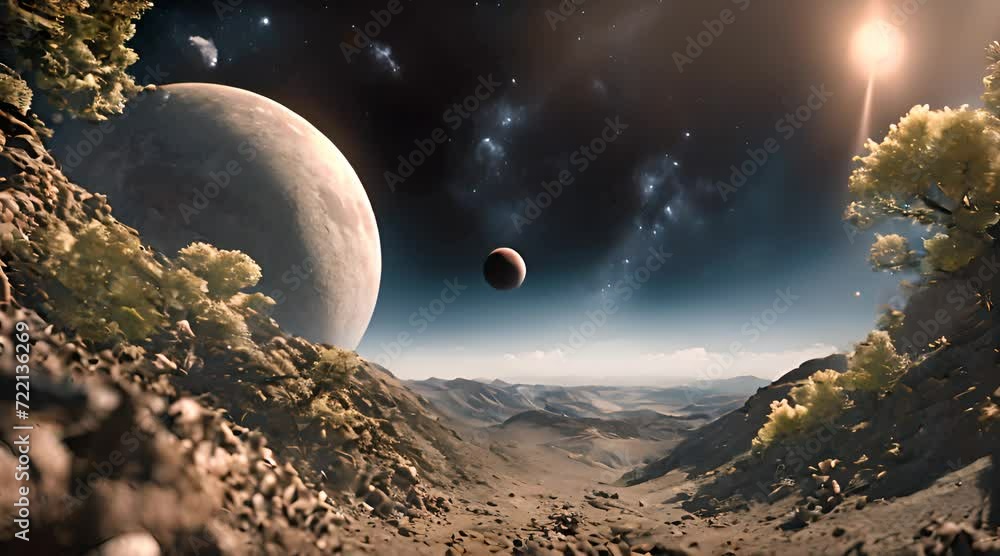 Alien mystery imagined planet view. Fantasy alien view with moons. AI ...