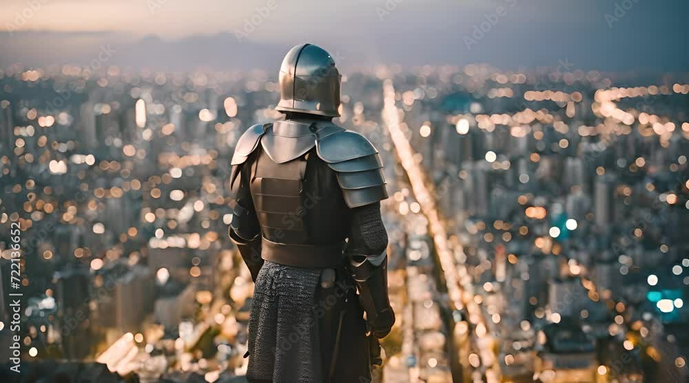 Back view of medieval knight looking at modern city. Time travel ...