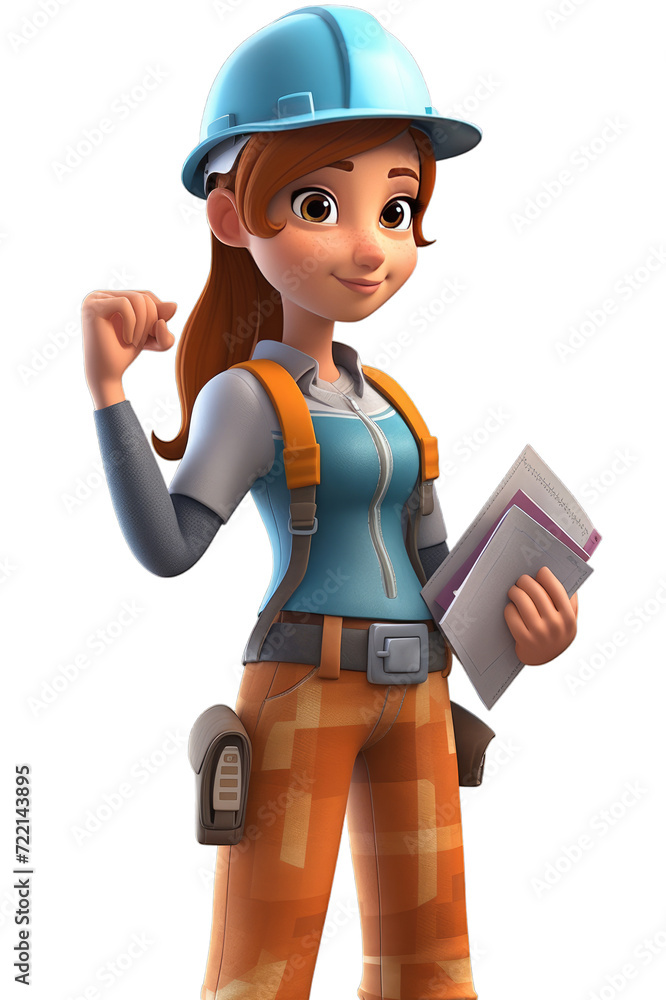 Cartoon portrait of a girl construction worker on a transparent ...