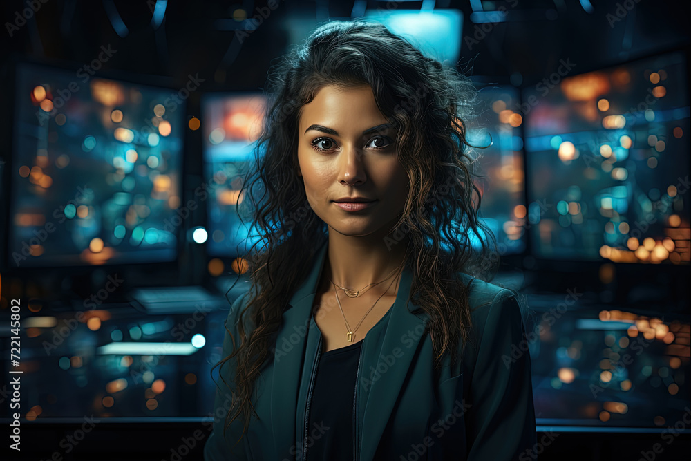 Mysterious Technician Mastering the Command Center at Night. Confident ...