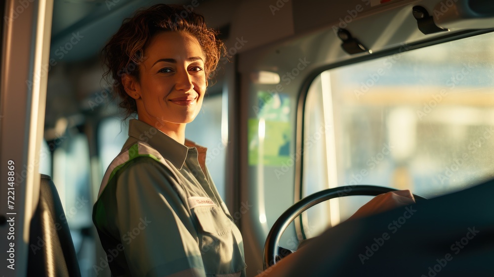Smiling portrait of a middle age female bus driver working in the city ...
