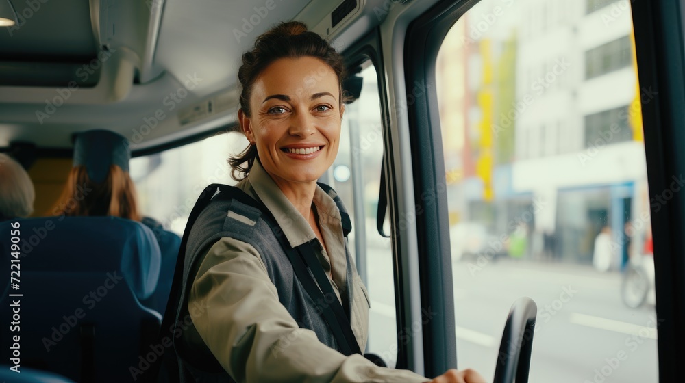 Smiling portrait of a middle age female bus driver working in the city ...