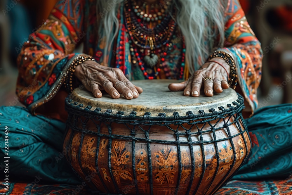 Indian traditional percussionist playing the mridangam in a classical ...