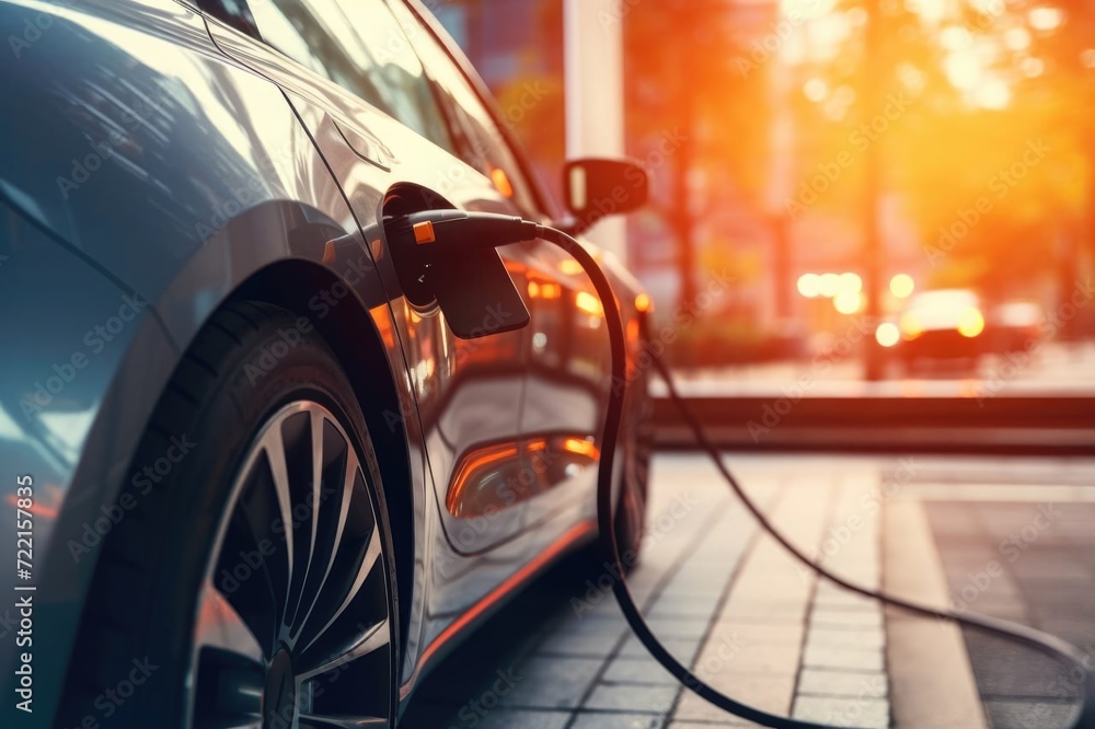 An electric car seamlessly connected to a charging station amidst the ...