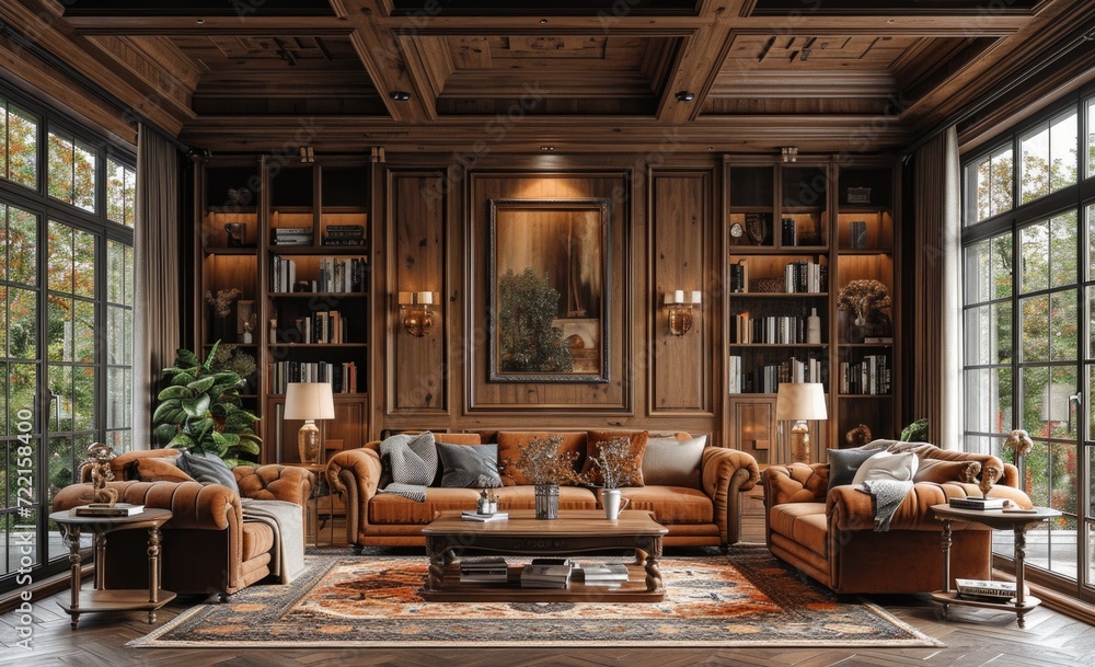 modern living room with wood wall, in traditional American style ...