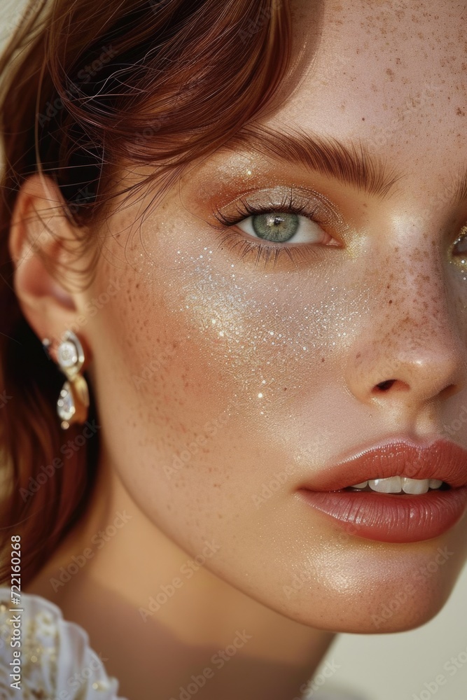 portrait of a girl, fair skin, moles and freckles on her face. glossy ...