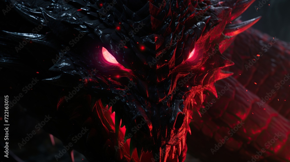 black scaled dragon, neon red eyes, roaring, sharp teeth, cinematic 4k ...