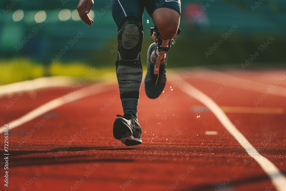 Dynamic shot of a disabled athlete with a prosthetic leg, mid-stride on ...