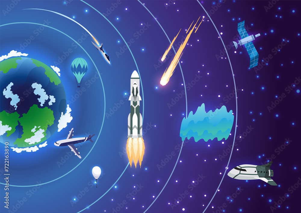 Earth atmosphere layers. Colorful infographic poster with meteors ...