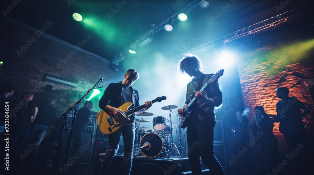 Rock Band with Guitarists and Drummer Performing at a Concert in a ...