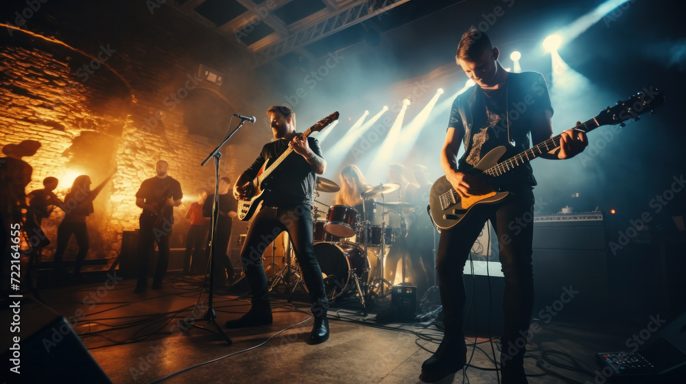 Rock Band with Guitarists and Drummer Performing at a Concert in a ...