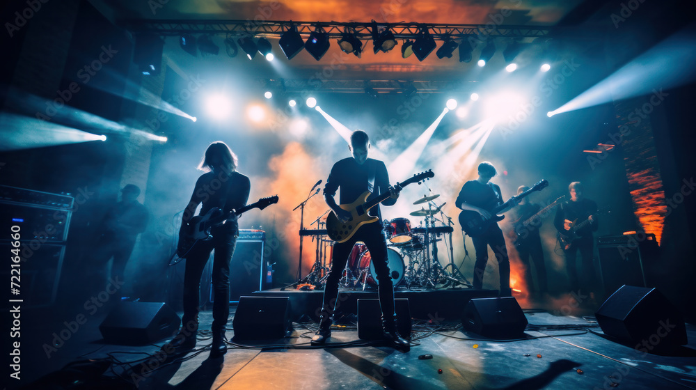 Rock Band with Guitarists and Drummer Performing at a Concert in a ...
