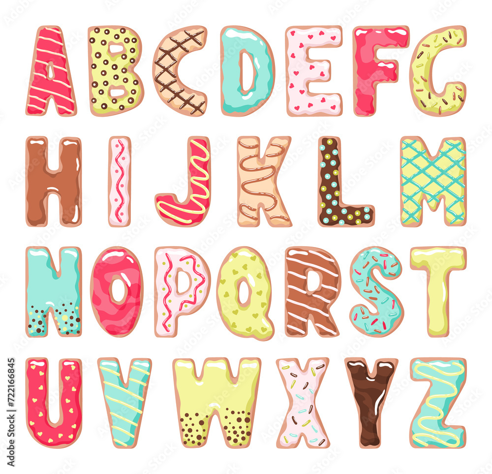 Cartoon cookies font set. english ABC baking in colored glaze. Creative ...