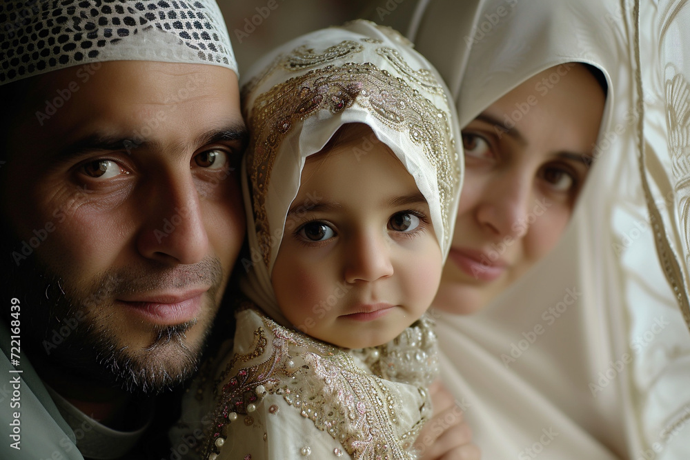 Muslim family, mother in hijab with father and child, family values and ...