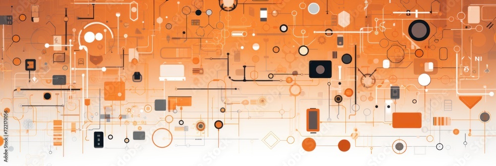 Orange abstract technology background using tech devices and icons ...