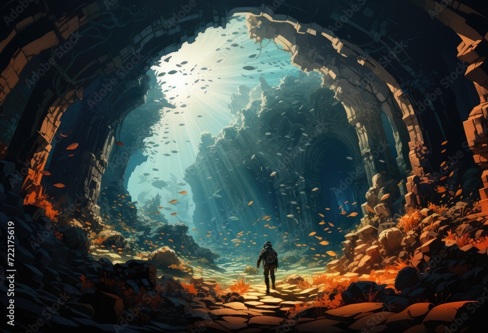 A solitary figure traverses the depths of a cave, surrounded by the raw ...