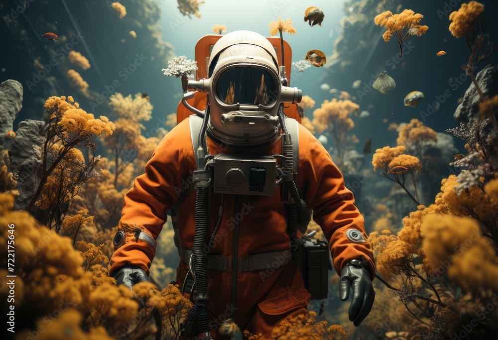 Ilustrace „A daring diver, clad in an orange protective suit and helmet ...