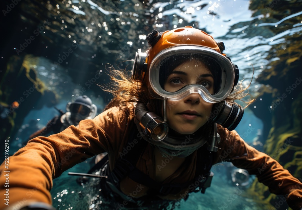 A determined diver explores the vibrant coral reef, her oxygen mask ...