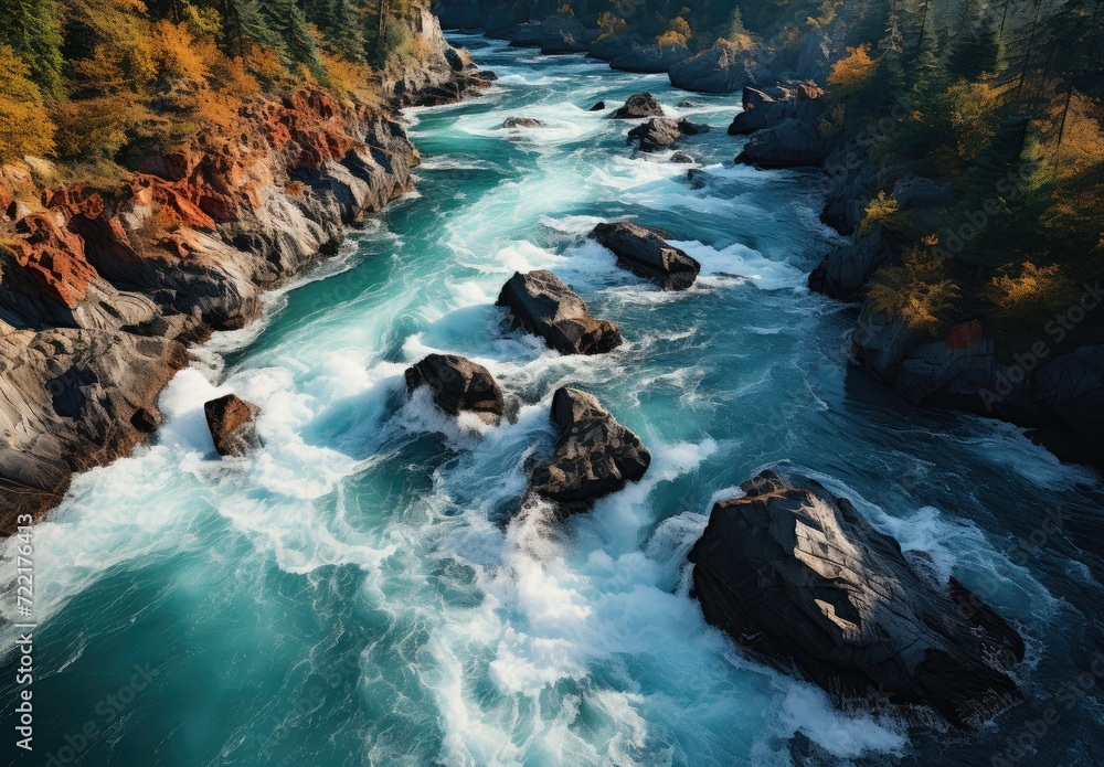A majestic mountain river cascades through rocky terrain, surrounded by ...