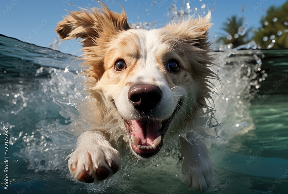 A graceful collie leaps into the cool, refreshing water with pure joy ...
