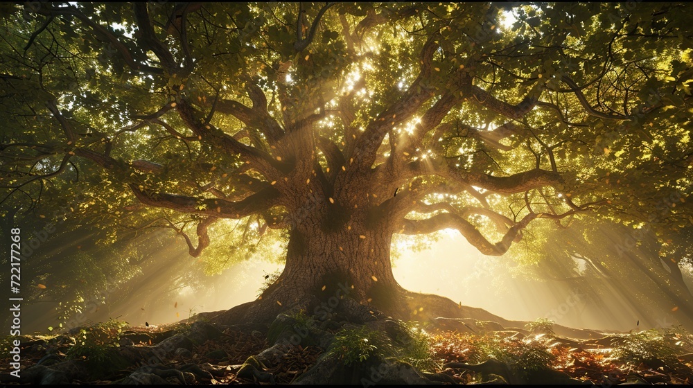 giant ancient tree, surrounded by more trees, forest, sun rays passing through the leaves of the ...