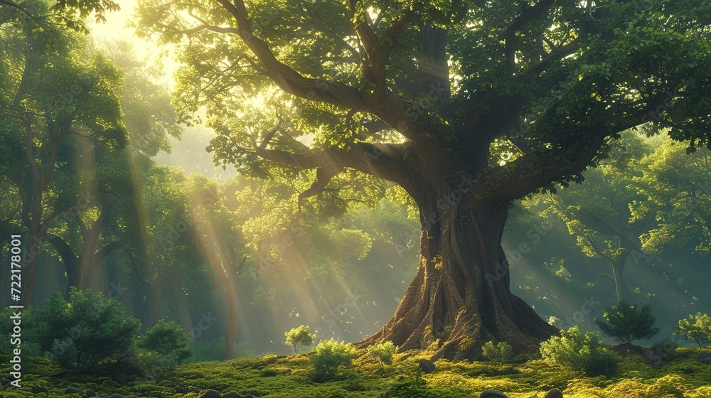 giant ancient tree, surrounded by more trees, forest, sun rays passing ...