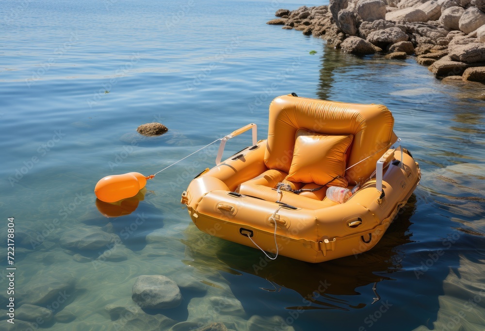 Serene and adventurous, a bright yellow inflatable boat glides through ...