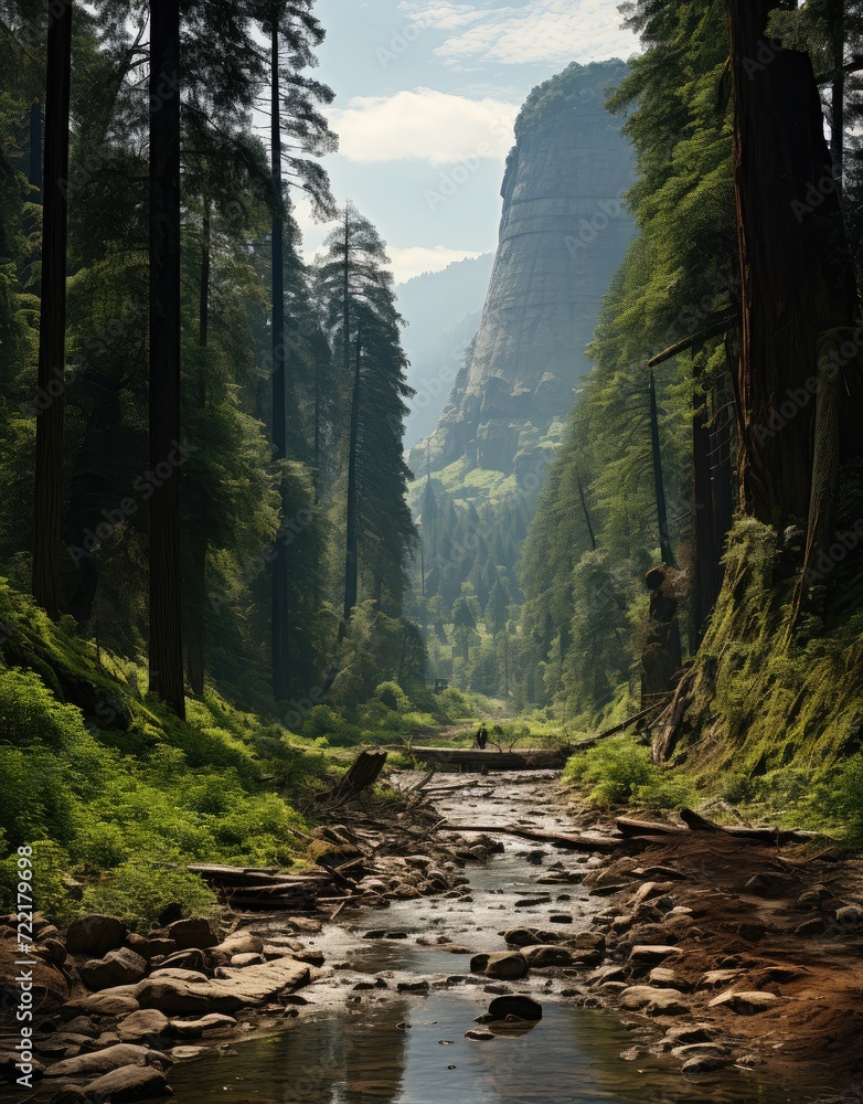 A tranquil mountain stream winds through an ancient forest, framed by ...