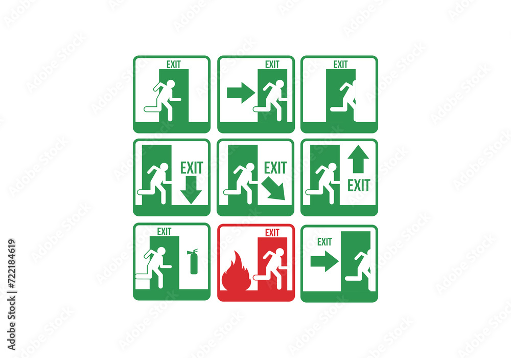 emergency exit ready. Man runs out of fire exit. Running and exit signs ...