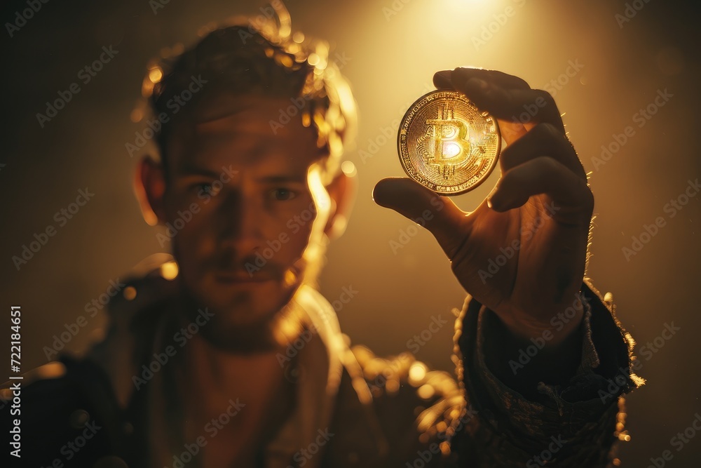 A well-dressed man stands proudly against a dimly lit wall, his hand ...