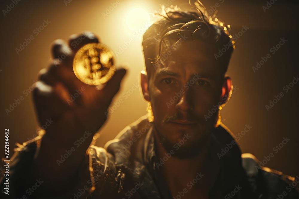 A determined man stands proudly against a wall, his face illuminated by ...