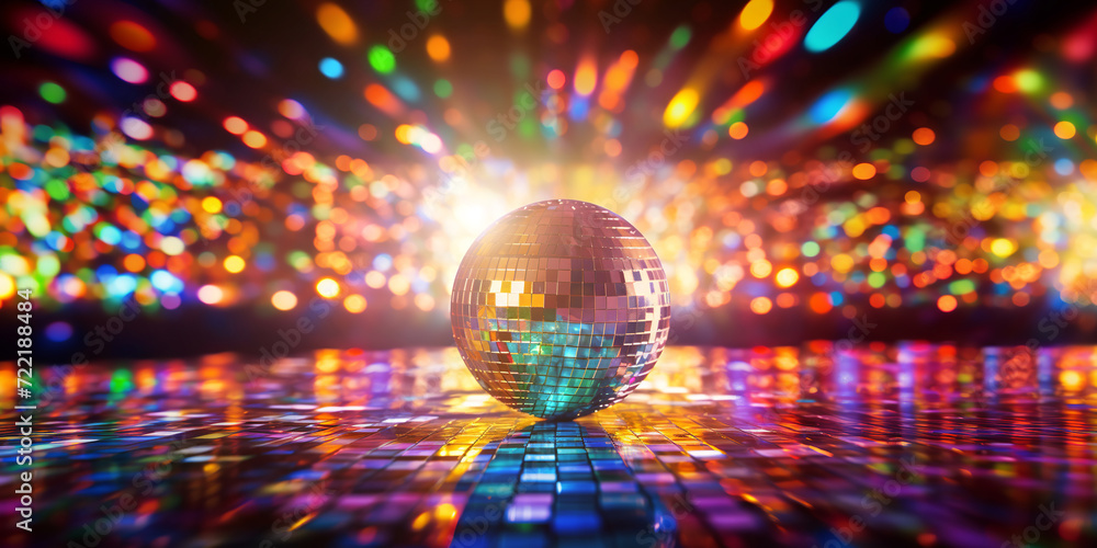 Party disco ball with stars in nightclub with striped walls lit by ...