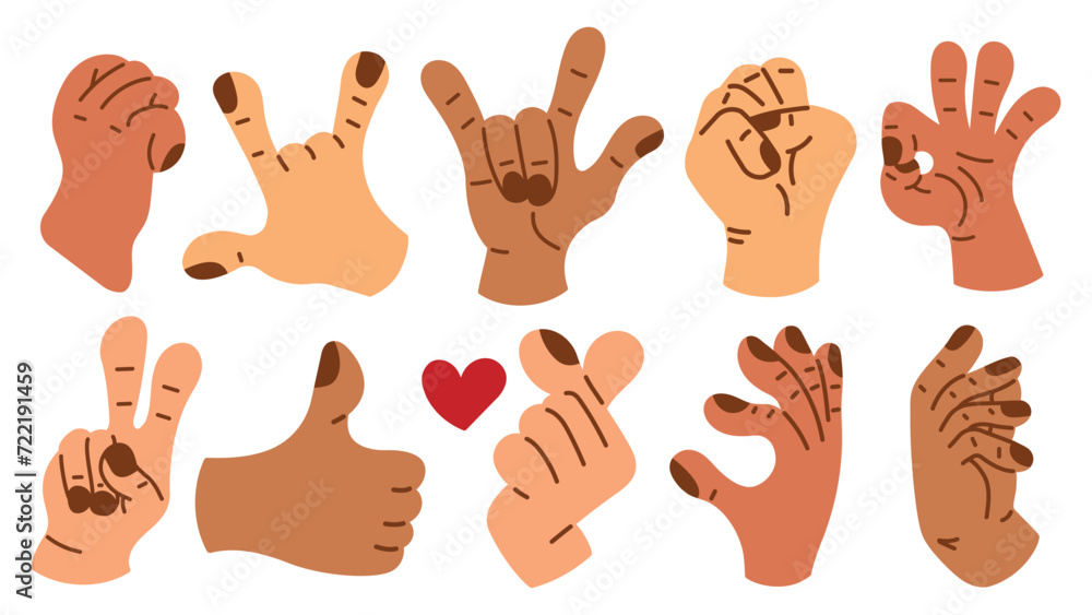 Collection of gesture signs from human hands. A set of fingers showing ...