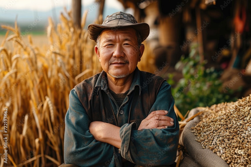 A rugged farmer stands tall with crossed arms, his face stern but proud ...